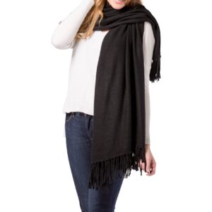 Fishers Finery Women's 100% Cashmere Knit Shawl with Fringe (Black)