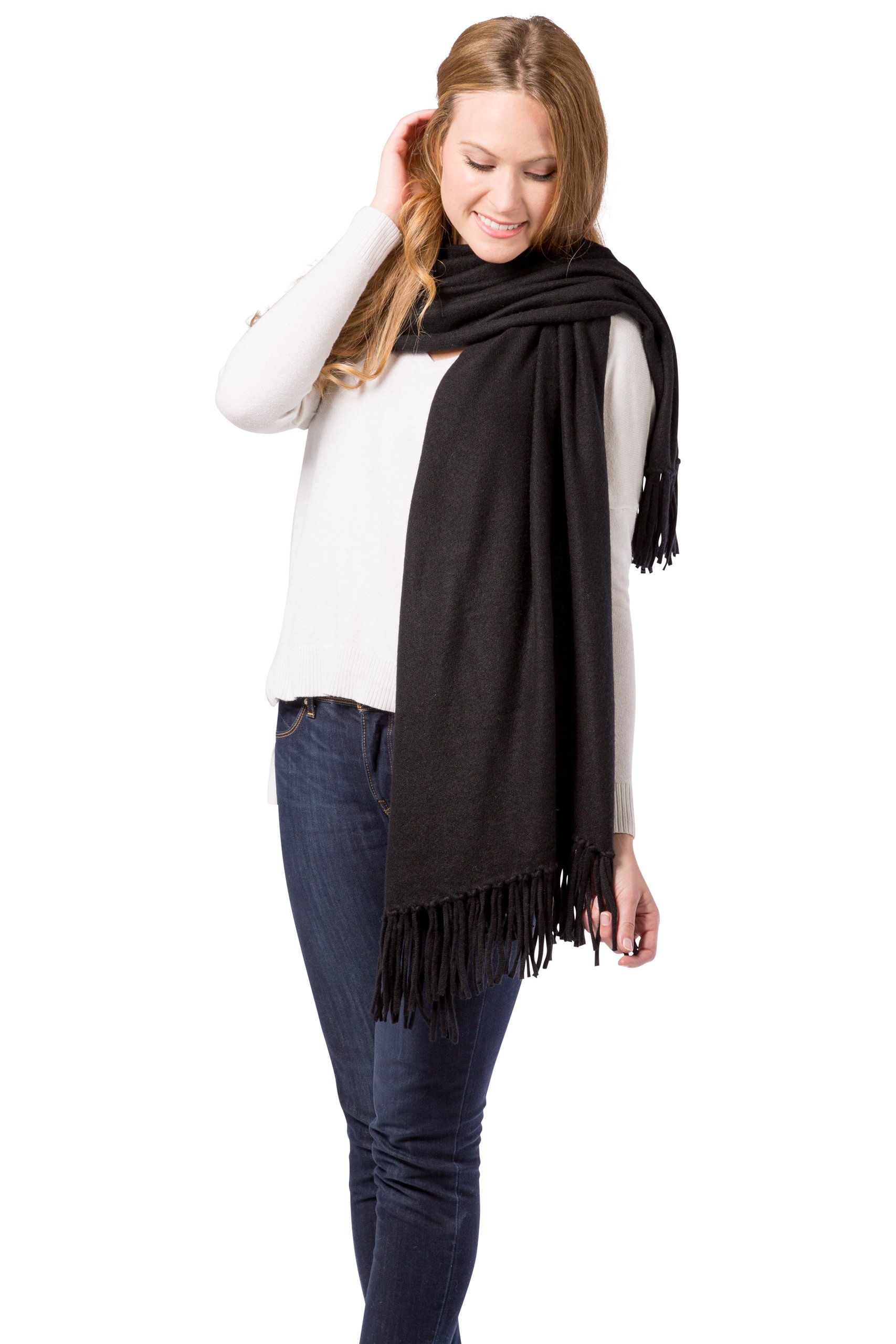 Fishers Finery Women's 100% Cashmere Knit Shawl with Fringe (Black)