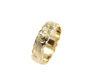 arthur's jewelry 14k yellow gold hand engraved hawaiian plumeria scroll band ring cut out 6mm size 6