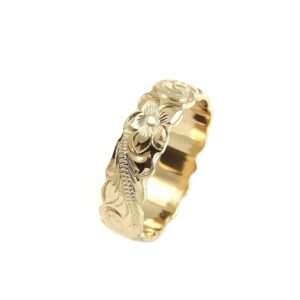 Arthur's Jewelry 14K yellow gold hand engraved Hawaiian plumeria scroll band ring cut out 6mm size 6