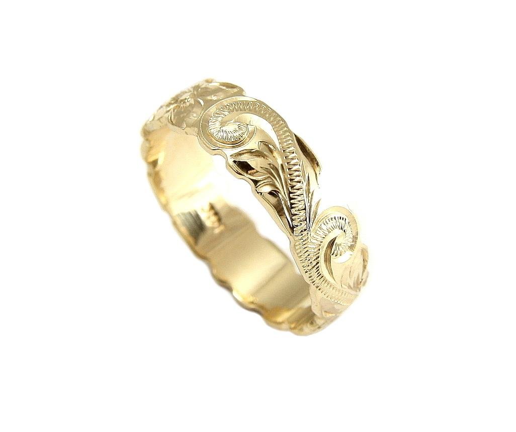 Arthur's Jewelry 14K yellow gold hand engraved Hawaiian plumeria scroll band ring cut out 6mm size 6