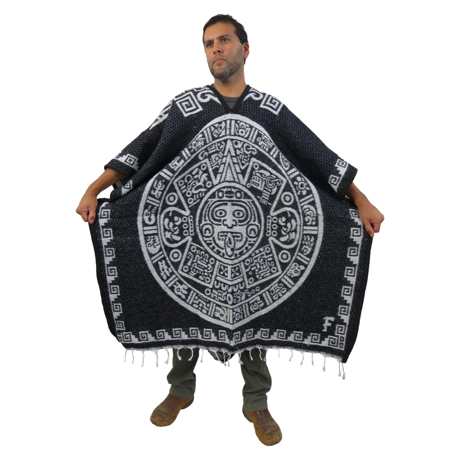 Ethnic Identity Mexican Poncho Aztec Calendar for Men and Women | Reversible Cobija Blanket for Fiesta, Outdoor Activities, Hiking,Hunting, and Camping (Black)