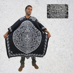 Ethnic Identity Mexican Poncho Aztec Calendar for Men and Women | Reversible Cobija Blanket for Fiesta, Outdoor Activities, Hiking,Hunting, and Camping (Black)