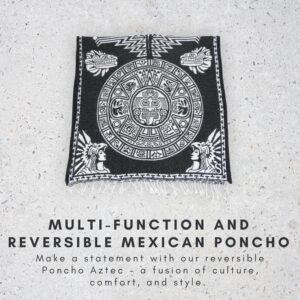 Ethnic Identity Mexican Poncho Aztec Calendar for Men and Women | Reversible Cobija Blanket for Fiesta, Outdoor Activities, Hiking,Hunting, and Camping (Black)