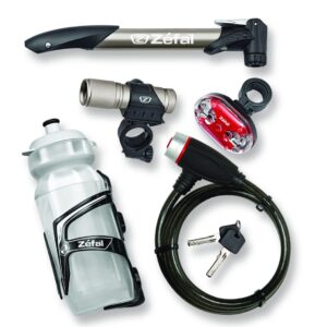 zefal 6-piece bike accessories starter pack (pump, lock, water bottle + cage, front + rear light)