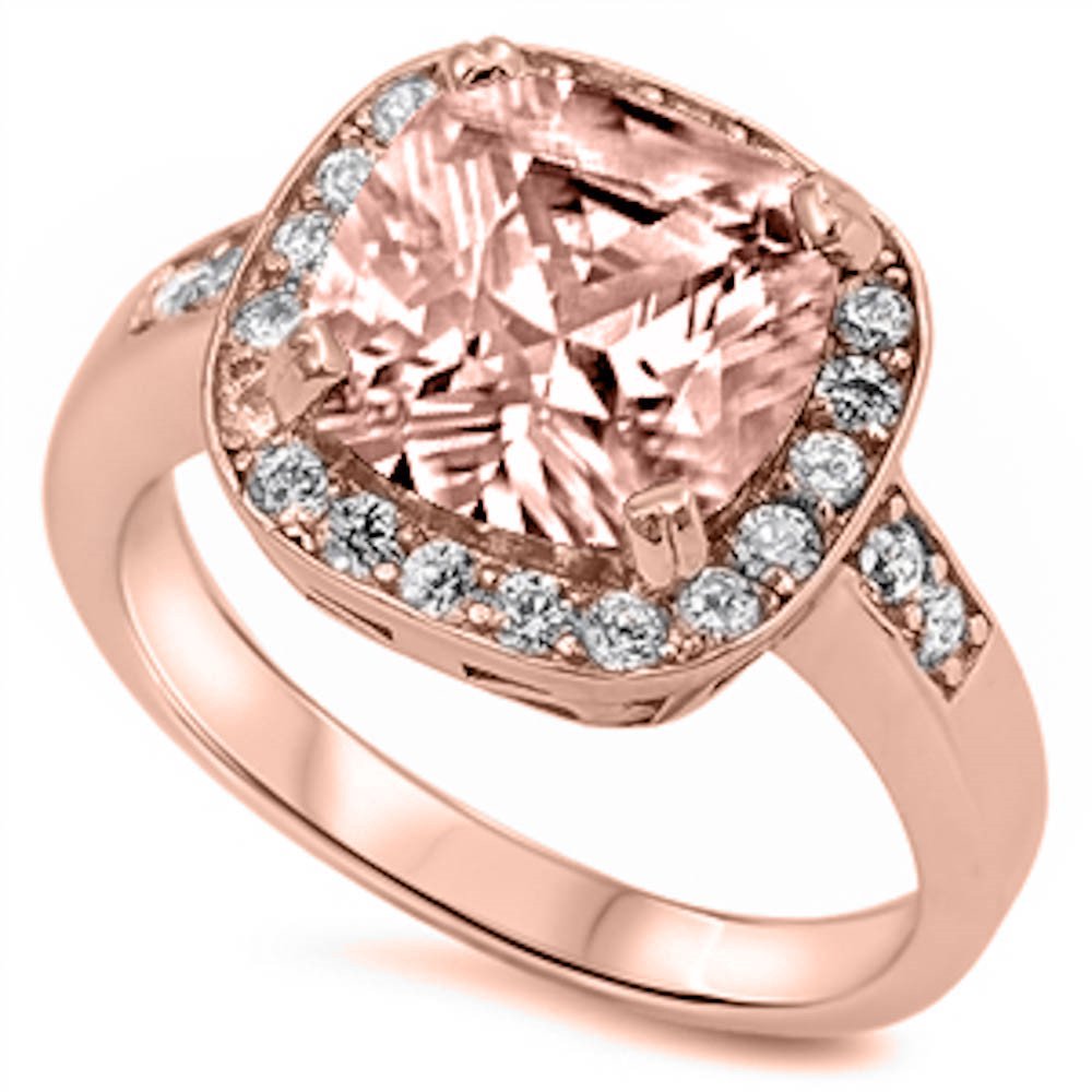 Blue Apple Co. Simulated Pink Round CZ Cushion Morganite Rose Tone Plated Sterling Silver Halo Engagemnt Wedding Ring