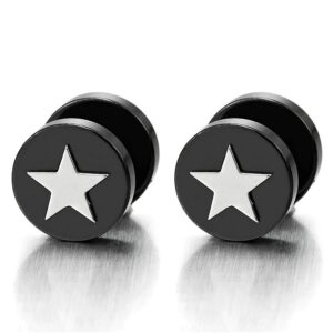 black steel mens women pentagram star stud earrings, cheater fake ear plugs gauges, 2 pcs