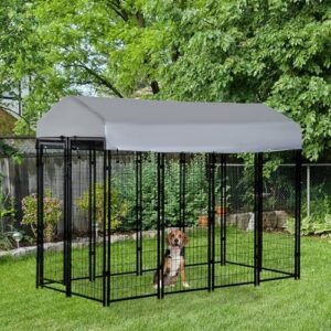 PawHut 8' x 4' x 6' Dog Playpen Outdoor, Dog Kennel Dog Exercise Pen with Lockable Door, Water-Resistant Canopy, for Medium and Large Dogs