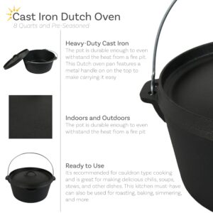 Sunnydaze 8-Quart Pre-Seasoned Cast Iron Deep Black Dutch Oven Pot with Lid and Handle - Camp Chili, Stew, and Soup Pot