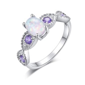 cinily white fire opal amethyst women jewelry gemstone silver plated ring size 8