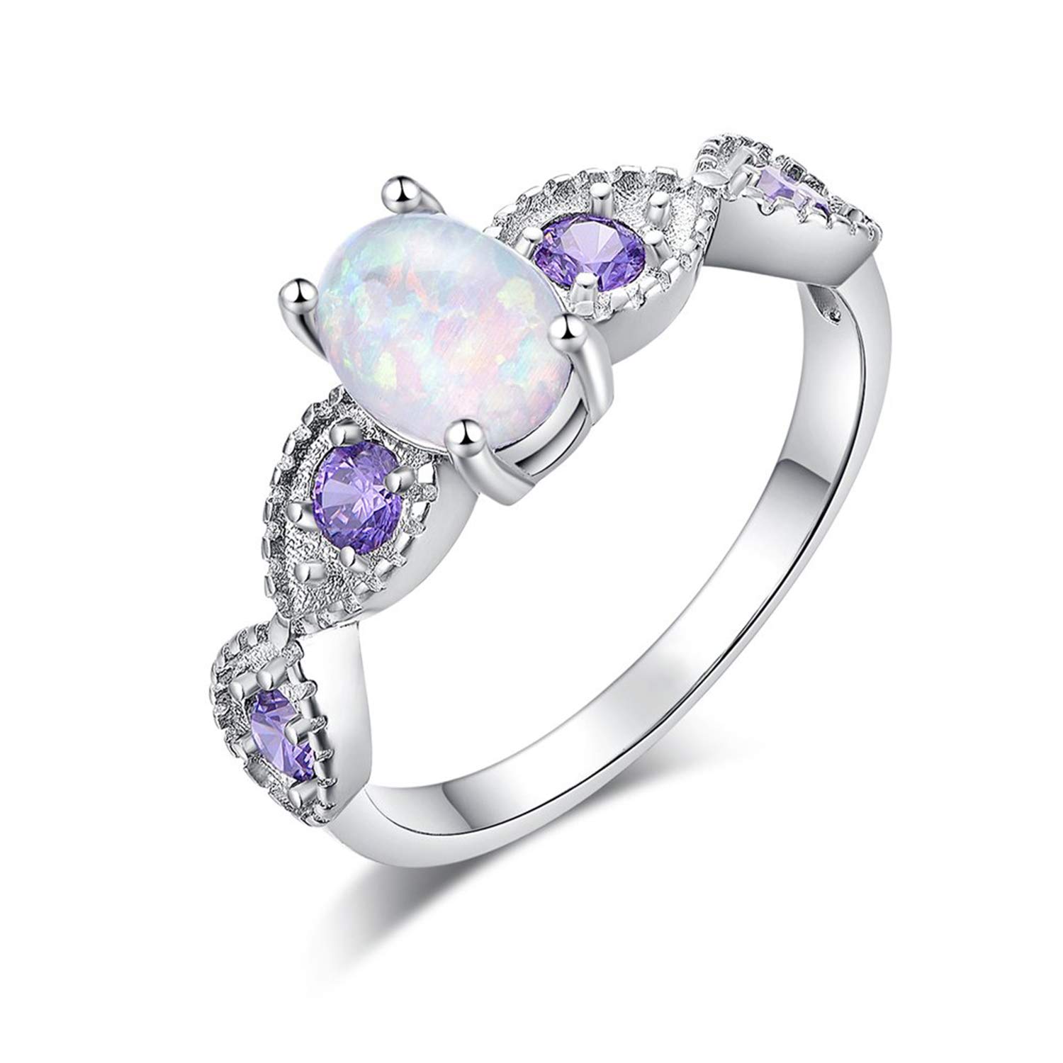 CiNily White Fire Opal Amethyst Women Jewelry Gemstone Silver Plated Ring Size 8