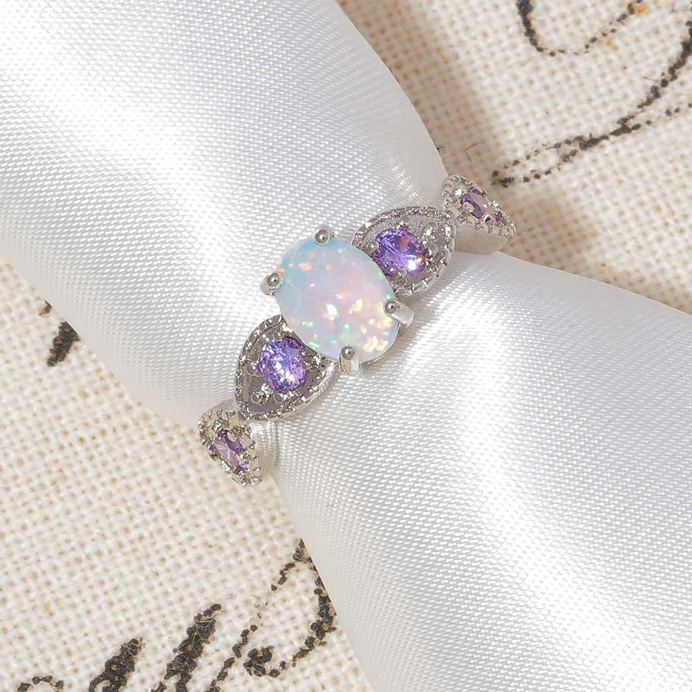 CiNily White Fire Opal Amethyst Women Jewelry Gemstone Silver Plated Ring Size 8