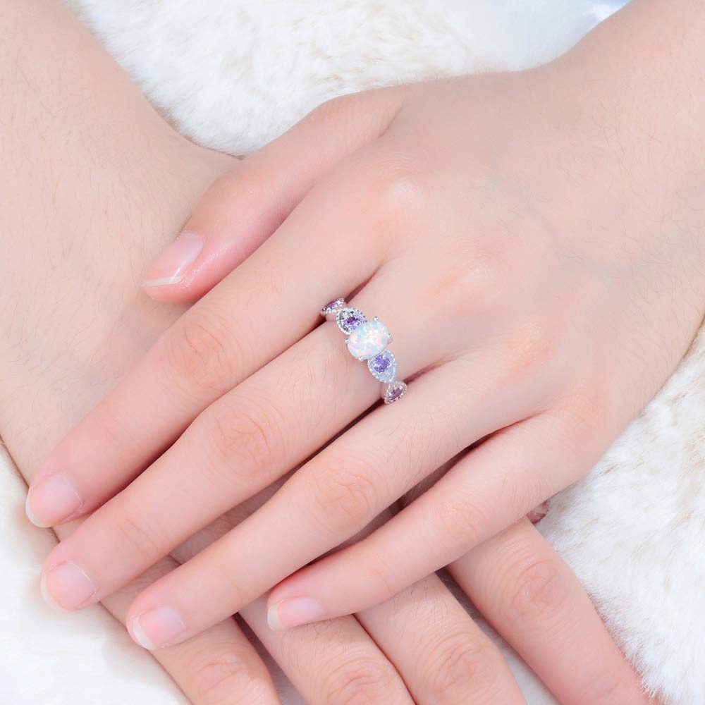 CiNily White Fire Opal Amethyst Women Jewelry Gemstone Silver Plated Ring Size 8