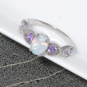 CiNily White Fire Opal Amethyst Women Jewelry Gemstone Silver Plated Ring Size 8