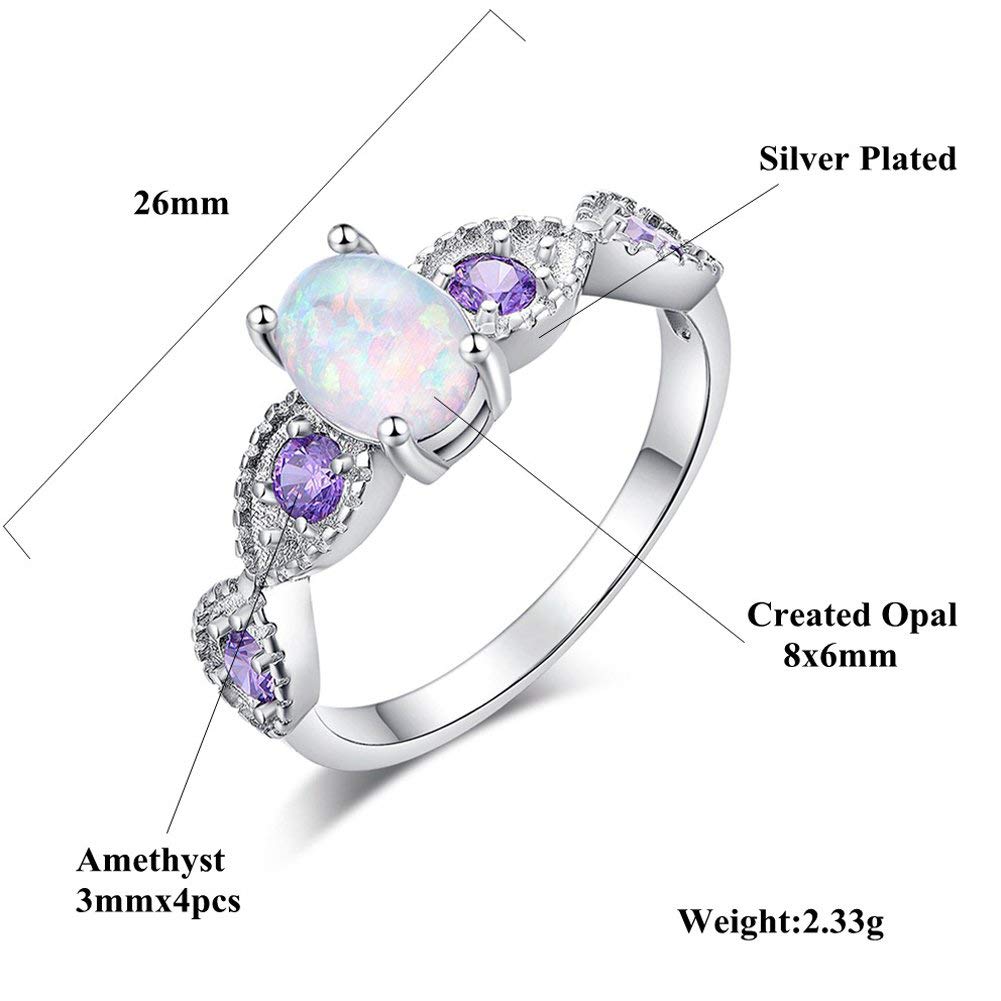 CiNily White Fire Opal Amethyst Women Jewelry Gemstone Silver Plated Ring Size 8