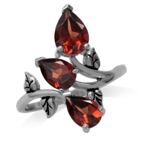 silvershake 2.85ct. 3 stone natural garnet 925 sterling silver bypass leaf ring size 8