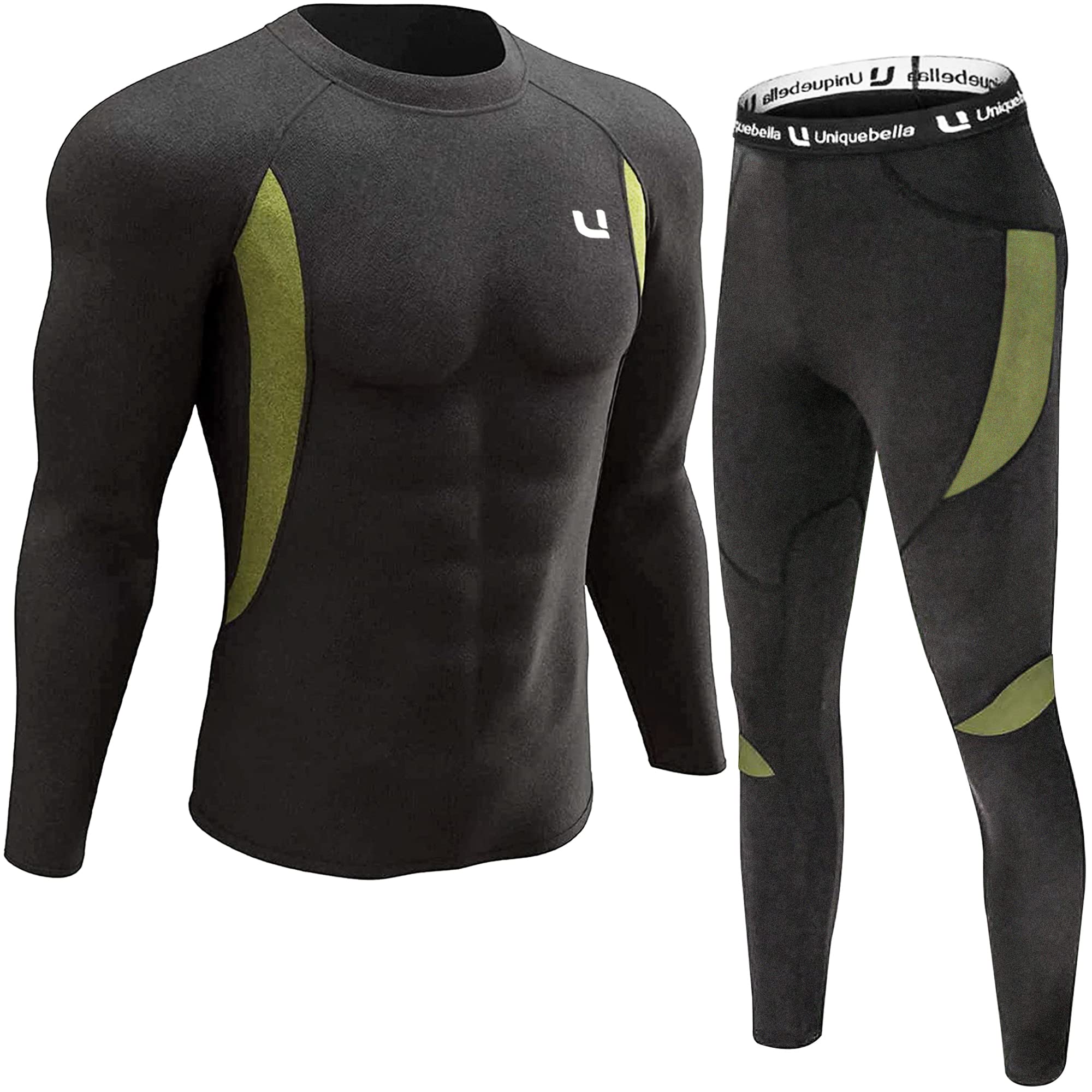 UNIQUEBELLA Men's Thermal Underwear Sets Top & Long Johns Fleece Sweat Quick Drying Thermo Base Layer Black