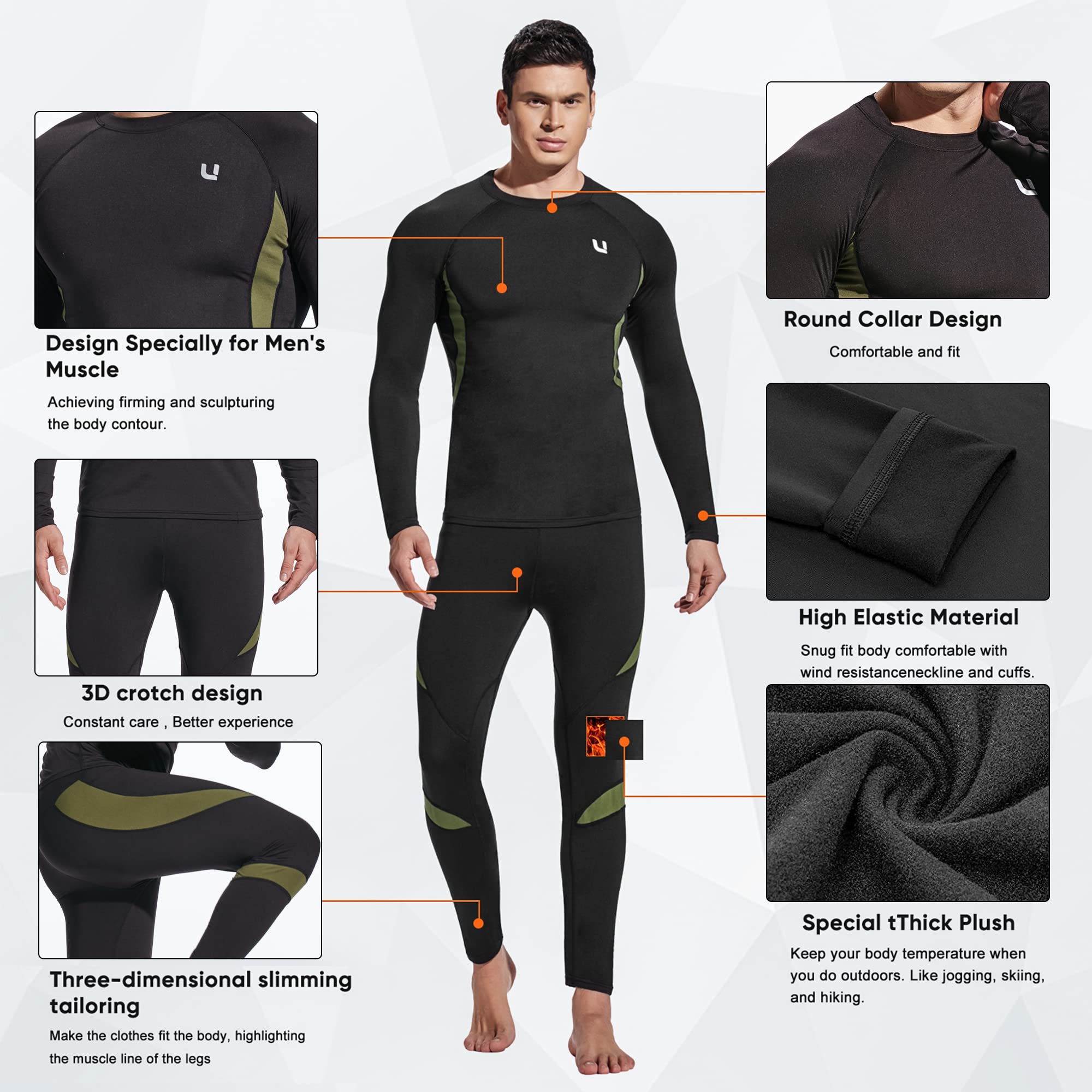 UNIQUEBELLA Men's Thermal Underwear Sets Top & Long Johns Fleece Sweat Quick Drying Thermo Base Layer Black