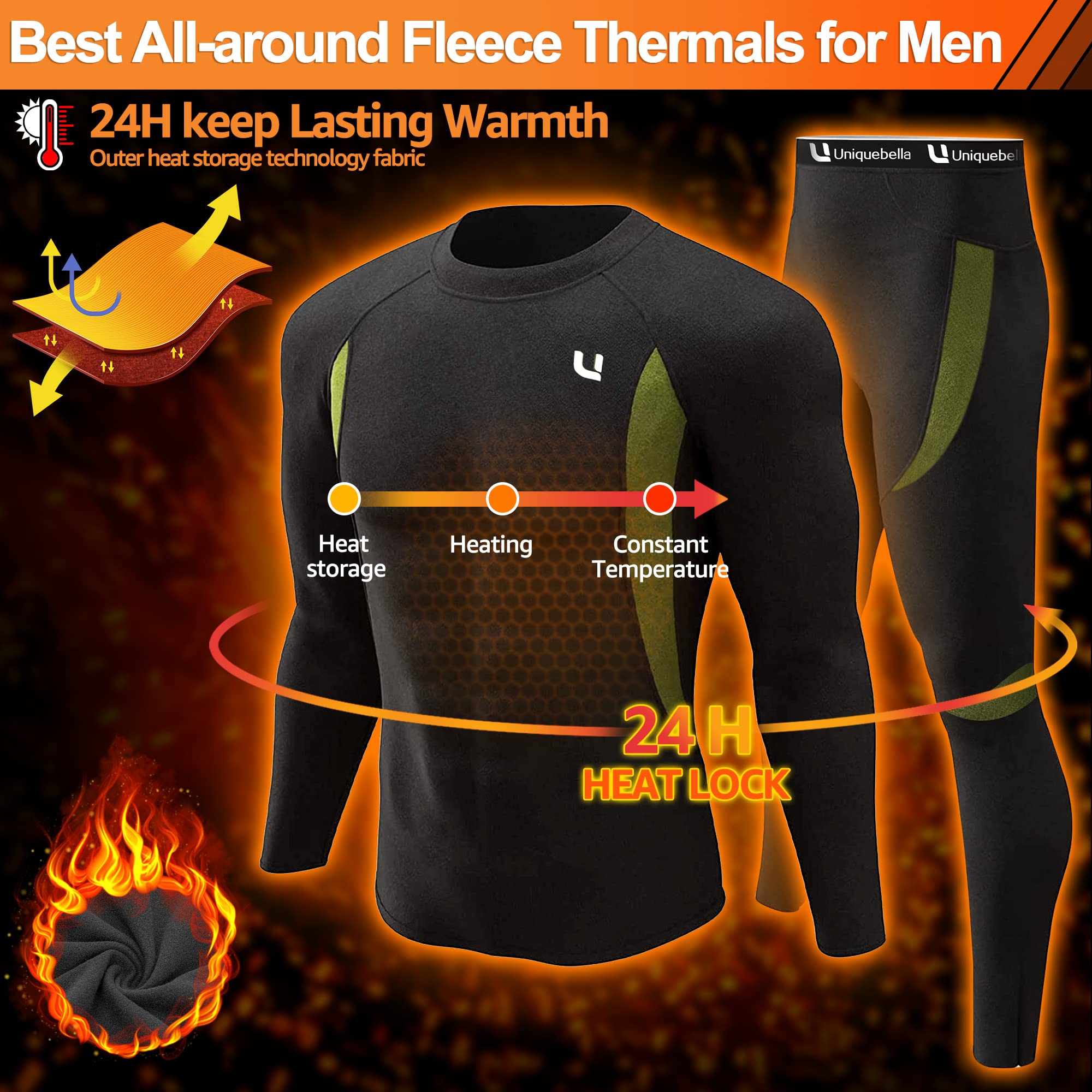 UNIQUEBELLA Men's Thermal Underwear Sets Top & Long Johns Fleece Sweat Quick Drying Thermo Base Layer Black