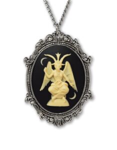 real metal sitting satanic baphomet cameo in silver finish frame necklace pendant ivory on black