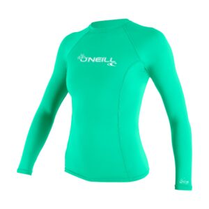 o'neill wetsuits uv sun protection womens basic skins long sleeve crew sun shirt rash guard, seaglass, small