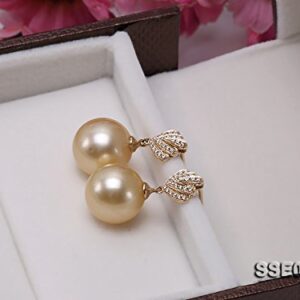 JYX Pearl Classic 14K Gold Earrings AAA Quality Genuine 11mm Round Golden South Sea Cultured Pearl Drop Earrings for Women