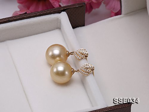 JYX Pearl Classic 14K Gold Earrings AAA Quality Genuine 11mm Round Golden South Sea Cultured Pearl Drop Earrings for Women