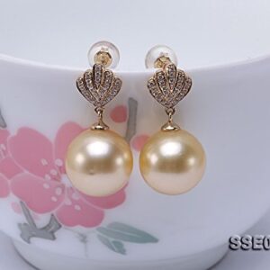 JYX Pearl Classic 14K Gold Earrings AAA Quality Genuine 11mm Round Golden South Sea Cultured Pearl Drop Earrings for Women