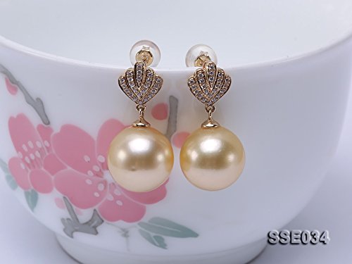 JYX Pearl Classic 14K Gold Earrings AAA Quality Genuine 11mm Round Golden South Sea Cultured Pearl Drop Earrings for Women