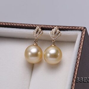 JYX Pearl Classic 14K Gold Earrings AAA Quality Genuine 11mm Round Golden South Sea Cultured Pearl Drop Earrings for Women