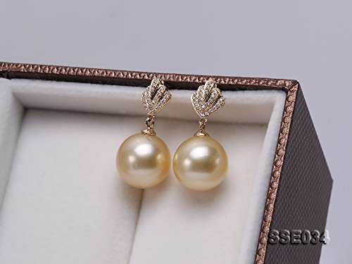 JYX Pearl Classic 14K Gold Earrings AAA Quality Genuine 11mm Round Golden South Sea Cultured Pearl Drop Earrings for Women