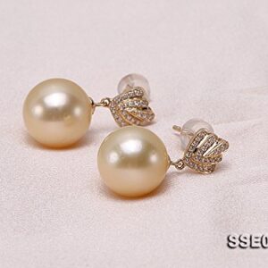 JYX Pearl Classic 14K Gold Earrings AAA Quality Genuine 11mm Round Golden South Sea Cultured Pearl Drop Earrings for Women