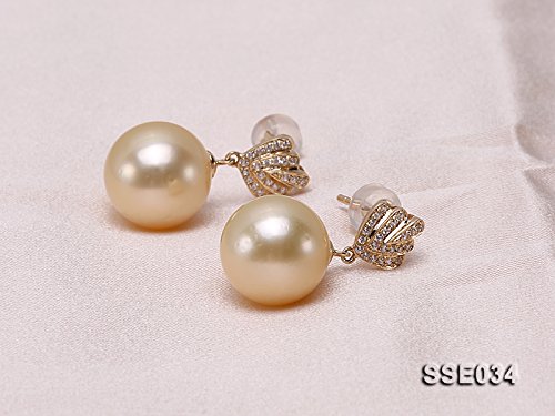 JYX Pearl Classic 14K Gold Earrings AAA Quality Genuine 11mm Round Golden South Sea Cultured Pearl Drop Earrings for Women