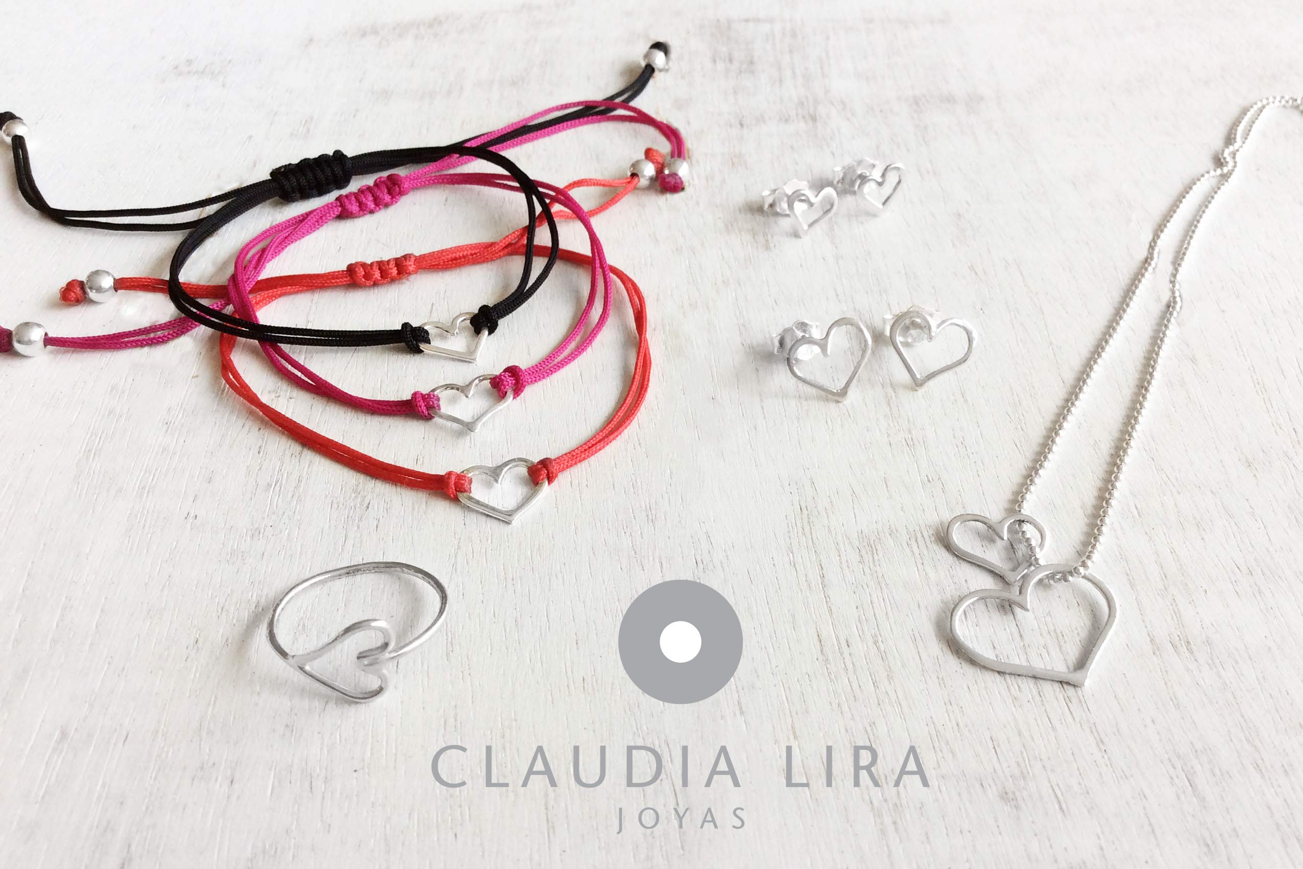 Claudia Lira Joyas Red Womens Friendship Bracelet, Small Handmade Sterling Silver 925 Open Heart Shaped Charm, Pull Adjustable Kindred Cord Thread. Handmade Heart Gift Set