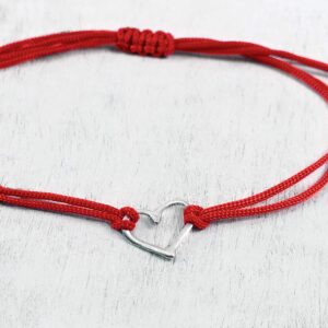 Claudia Lira Joyas Red Womens Friendship Bracelet, Small Handmade Sterling Silver 925 Open Heart Shaped Charm, Pull Adjustable Kindred Cord Thread. Handmade Heart Gift Set