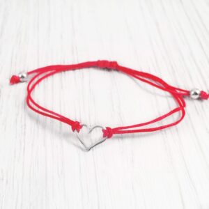 Claudia Lira Joyas Red Womens Friendship Bracelet, Small Handmade Sterling Silver 925 Open Heart Shaped Charm, Pull Adjustable Kindred Cord Thread. Handmade Heart Gift Set