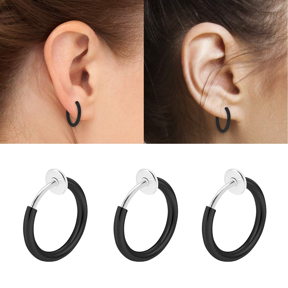 CrazyPiercing 8pcs of Surgical Steel Clip on Non-pierced Hoops Fake Nose Lip Ear Rings Piercing (black)