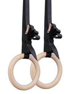 titan fitness 28mm gymnastics rings, non-slip wooden rings, extra long 16 ft nylon straps, fig gymnastic rings with cam buckle system, olympic pull up fitness rings, rated 600 lb