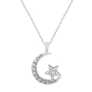 gilded 10k white gold 1/10 cttw natural round-cut diamond (i-j color, i2-i3 clarity) moon and star pendant 18"