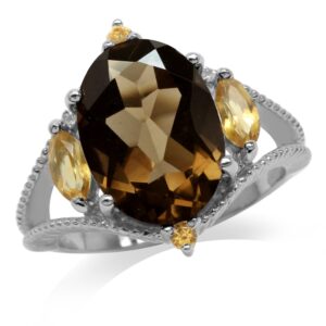 silvershake 5.37ct. natural smoky quartz and citrine white gold plated 925 sterling silver ring size 8