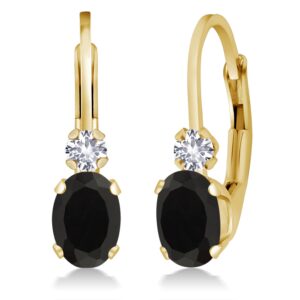 gem stone king 14k yellow gold black onyx and white created sapphire leverback earrings for women | 0.86 cttw | gemstone december birthstone | oval 6x4mm, round 2mm | 3/4 inch