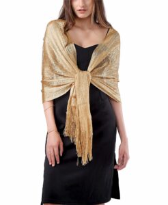 womens wedding evening wrap shawl glitter metallic prom party scarf with fringe, 3 metallic gold