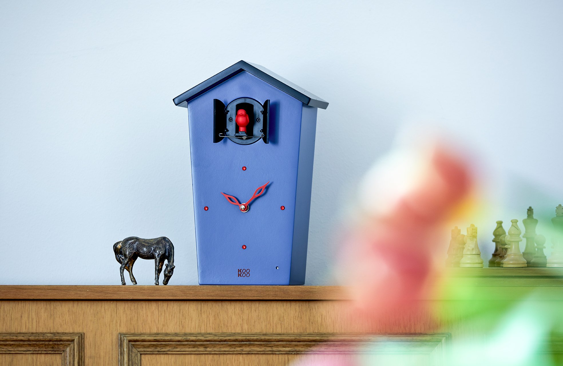 KOOKOO BirdHouse Blue, modern design cuckoo clock with 12 natural bird voices or cuckoo call