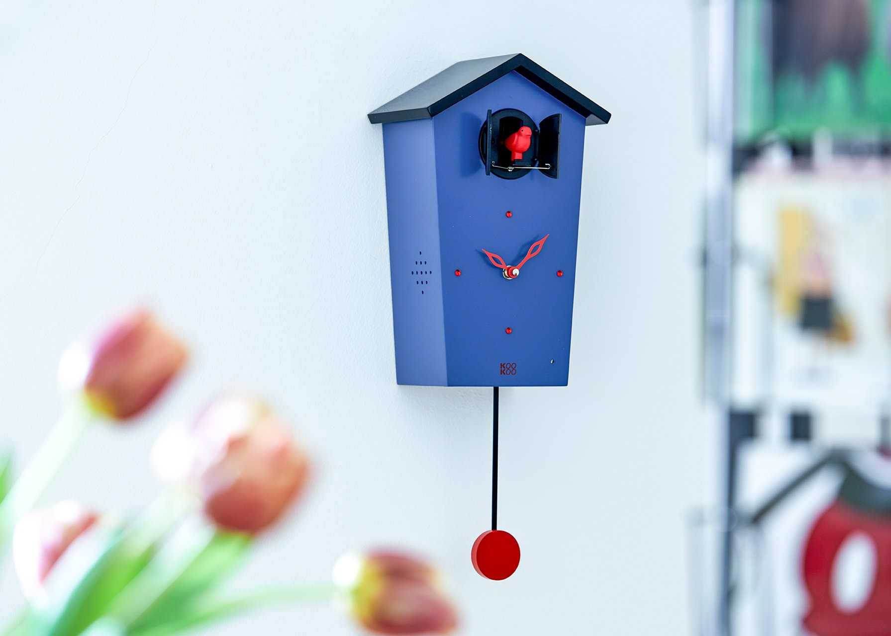 KOOKOO BirdHouse Blue, modern design cuckoo clock with 12 natural bird voices or cuckoo call