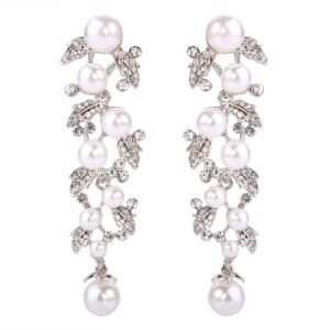 ever faith women's austrian crystal white simulated pearl bridal leaf dangle earrings clear silver-tone