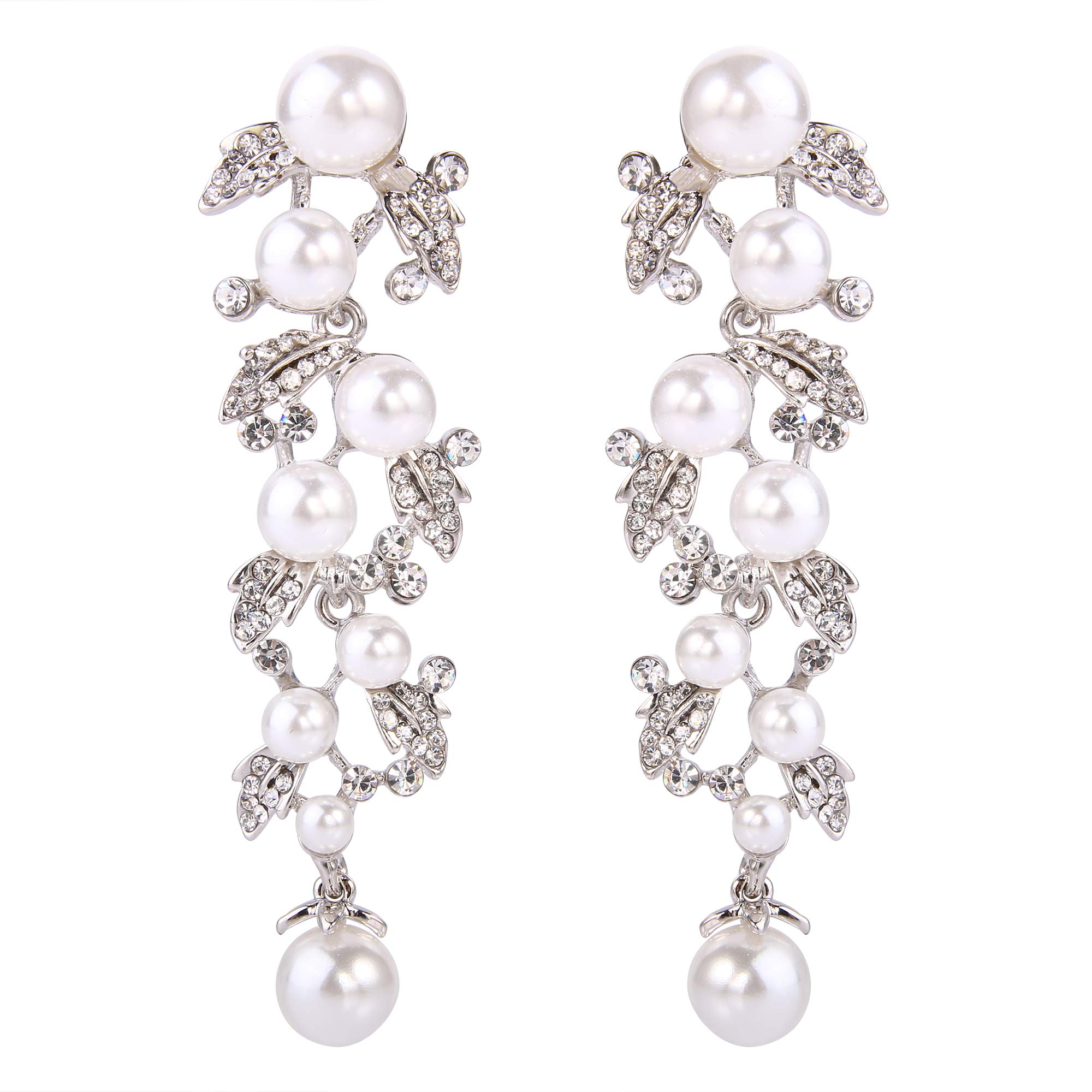 EVER FAITH Women's Austrian Crystal White Simulated Pearl Bridal Leaf Dangle Earrings Clear Silver-Tone