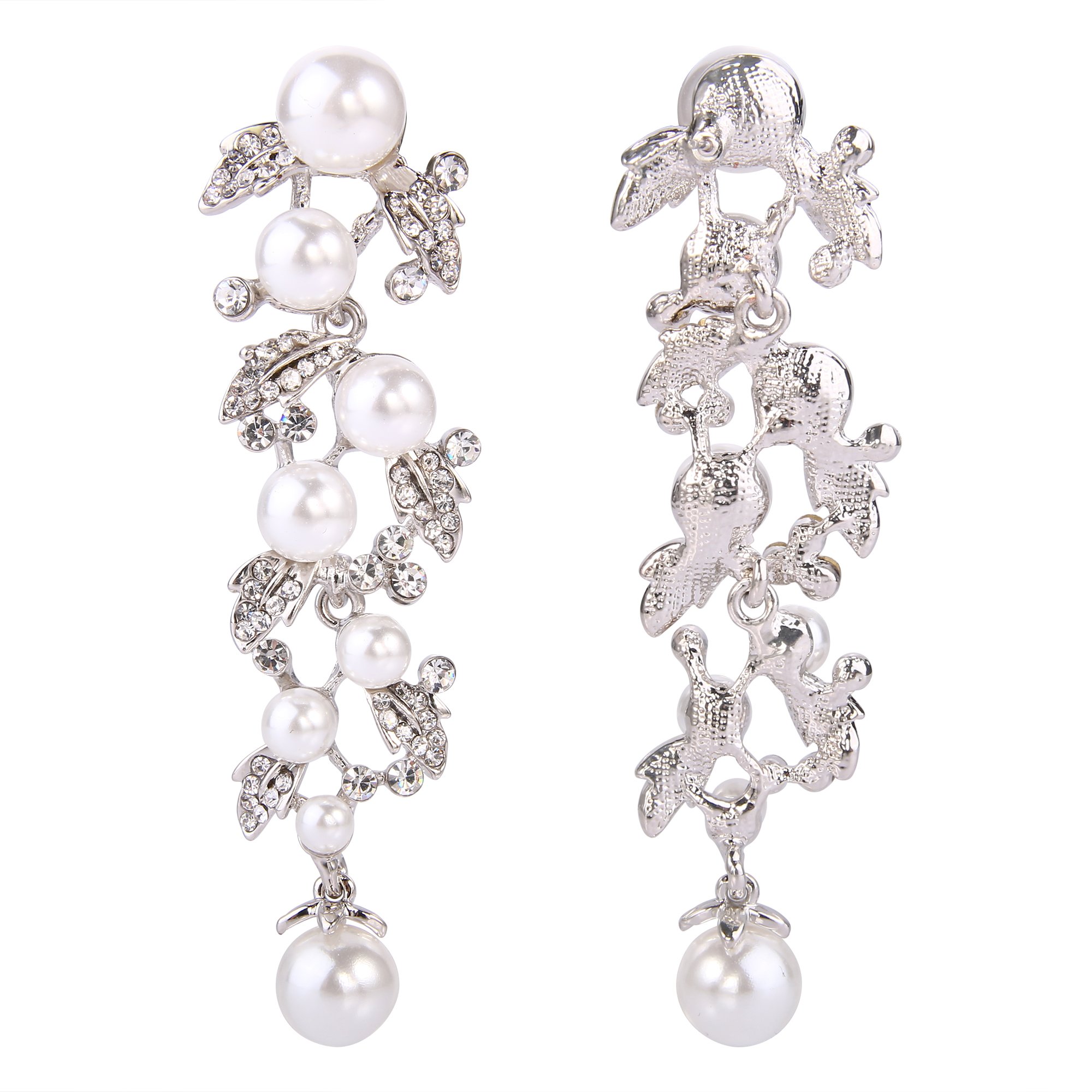 EVER FAITH Women's Austrian Crystal White Simulated Pearl Bridal Leaf Dangle Earrings Clear Silver-Tone