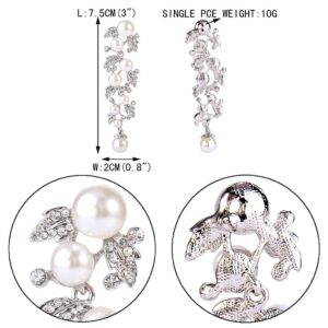 EVER FAITH Women's Austrian Crystal White Simulated Pearl Bridal Leaf Dangle Earrings Clear Silver-Tone