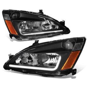 auto dynasty [halogen model factory style l-styling led drl headlights assembly with compatible with honda accord 7th gen uc1 03-07, driver and passenger side, black housing amber corner