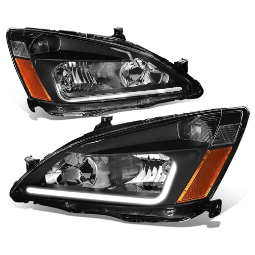 Auto Dynasty [Halogen Model Factory Style L-Styling LED DRL Headlights Assembly with Compatible with Honda Accord 7th Gen UC1 03-07, Driver and Passenger Side, Black Housing Amber Corner